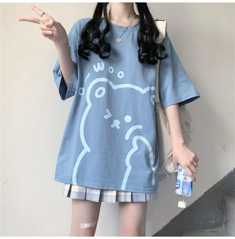 Tyadorw Women's Aesthetic Kawaii Bear Graphic Tee - Japanese Streetwear Harajuku Oversized T-Shirt (Blue, Medium)
