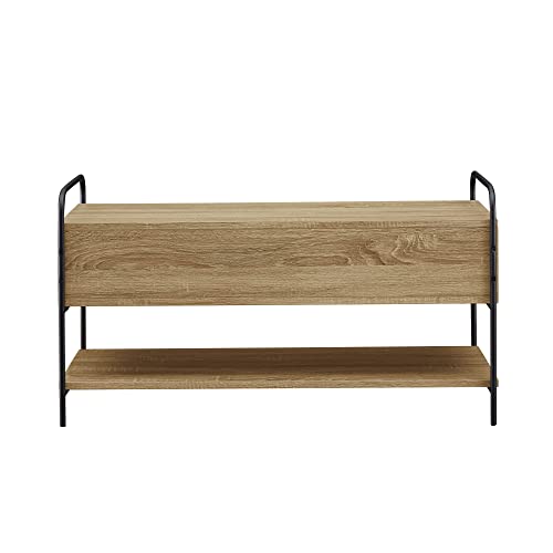 Walker Edison Brookline Urban Metal and Wood Entry Bench with Shoe Storage, 36 Inch, Driftwood