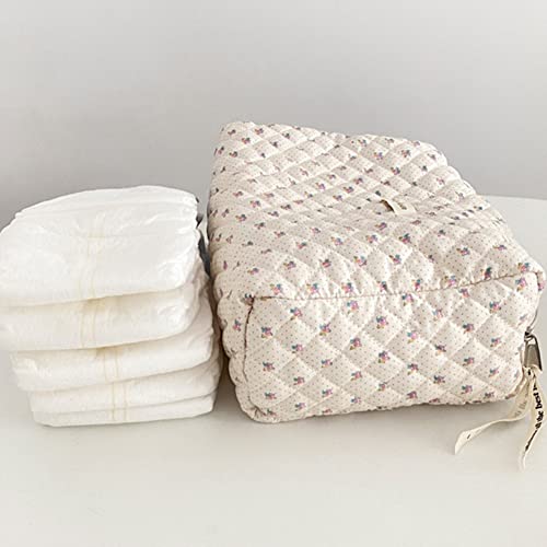 Lushandy Kawaii Floral Makeup Bag Coquette Aesthetic Cosmetic Bag Large Travel Makeup Organizer Cute Pouch Cotton Quilted Toiletry Bag