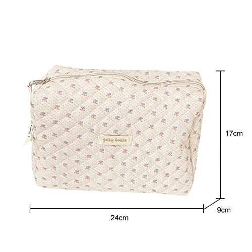 Lushandy Kawaii Floral Makeup Bag Coquette Aesthetic Cosmetic Bag Large Travel Makeup Organizer Cute Pouch Cotton Quilted Toiletry Bag