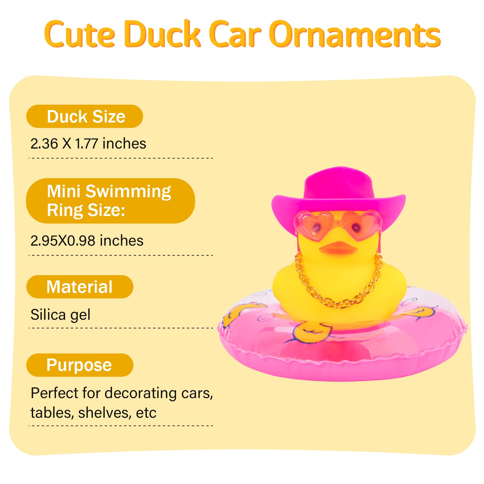 wonuu Car Rubber Duck Car Duck Decoration Dashboard Car Ornament for Car Dashboard Decoration Accessories with Mini Flower Hat Swim Ring Necklace and Sunglasses, I_red Heart Glasses&Pink Hat