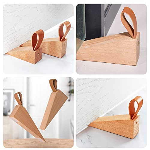 Wood Door Stopper, 2 Pack Door Stoppers Wedge with Adhesive Hooks, Solid Beech Wood Door Stop Wedge with Leather Band for Hanging, Wood Door Stoppers for Bottom of Door