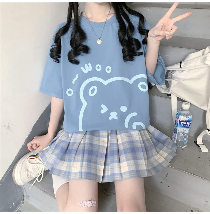 Tyadorw Women's Aesthetic Kawaii Bear Graphic Tee - Japanese Streetwear Harajuku Oversized T-Shirt (Blue, Medium)
