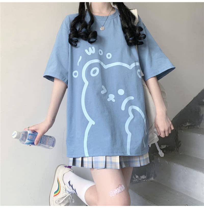Tyadorw Women's Aesthetic Kawaii Bear Graphic Tee - Japanese Streetwear Harajuku Oversized T-Shirt (Blue, Medium)