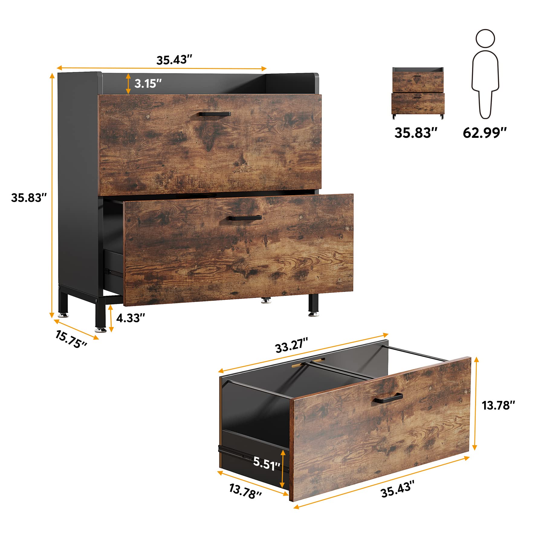 Tribesigns Lateral File Cabinets, 2 Drawer Filing Cabinets for Home Office, Industrial Wood Wide Filing Organization Storage Cabinets for Files Letter/Legal/F4/A4 Size(Rustic Brown)