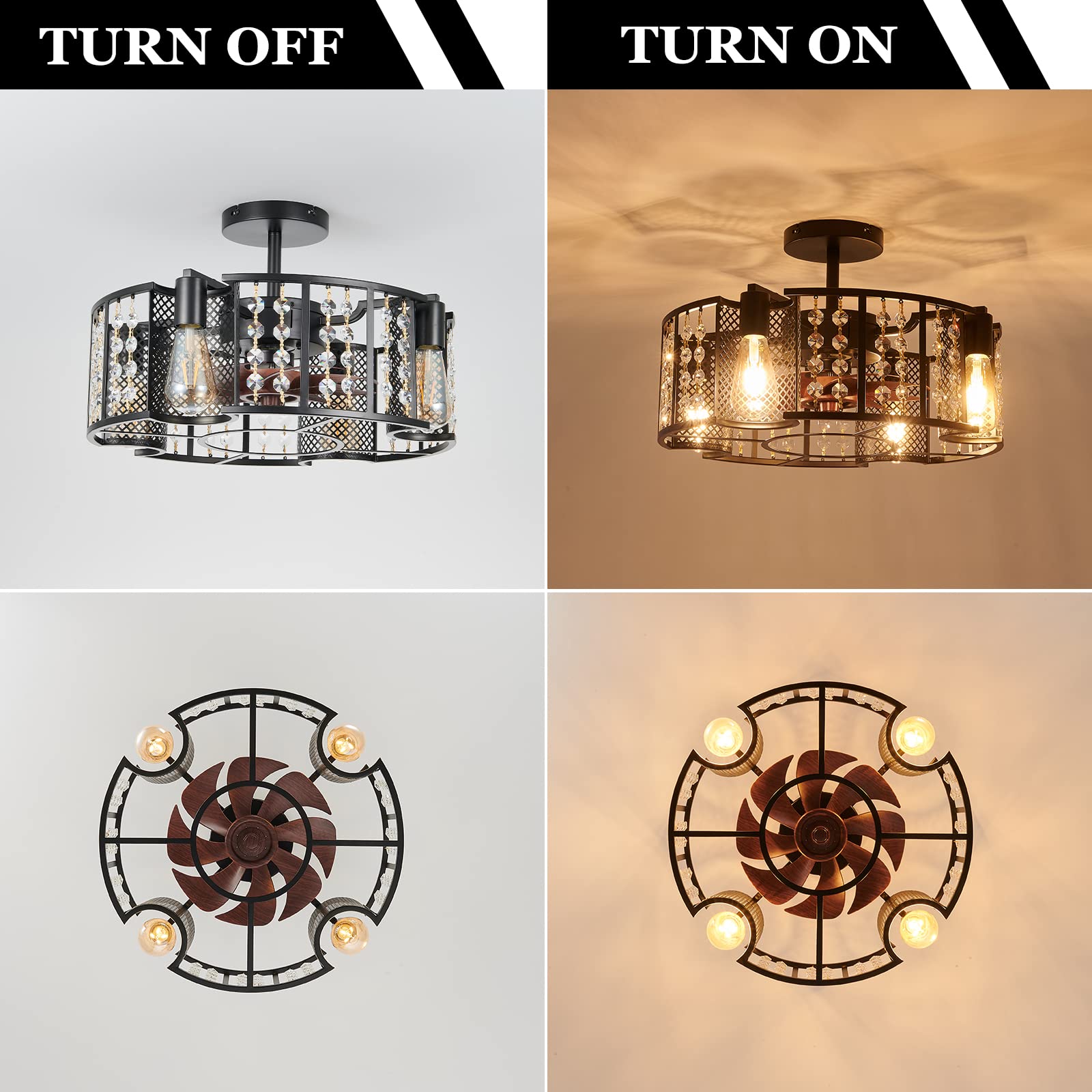 XuanDe Ceiling Fans with Lights and Remote, Vintage Caged Ceiling Fans Industrial Farmhouse Rustic Ceiling Fan Bladeless Enclosed Flush Mount for Hall, Living Room, Bedroom(Bulb x 6 Included)