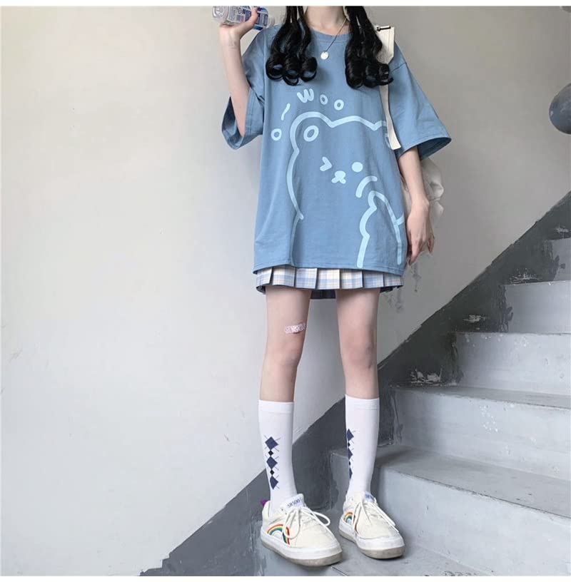 Tyadorw Women's Aesthetic Kawaii Bear Graphic Tee - Japanese Streetwear Harajuku Oversized T-Shirt (Blue, Medium)