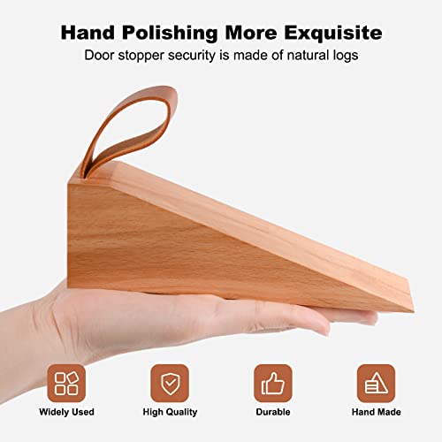Wood Door Stopper, 2 Pack Door Stoppers Wedge with Adhesive Hooks, Solid Beech Wood Door Stop Wedge with Leather Band for Hanging, Wood Door Stoppers for Bottom of Door