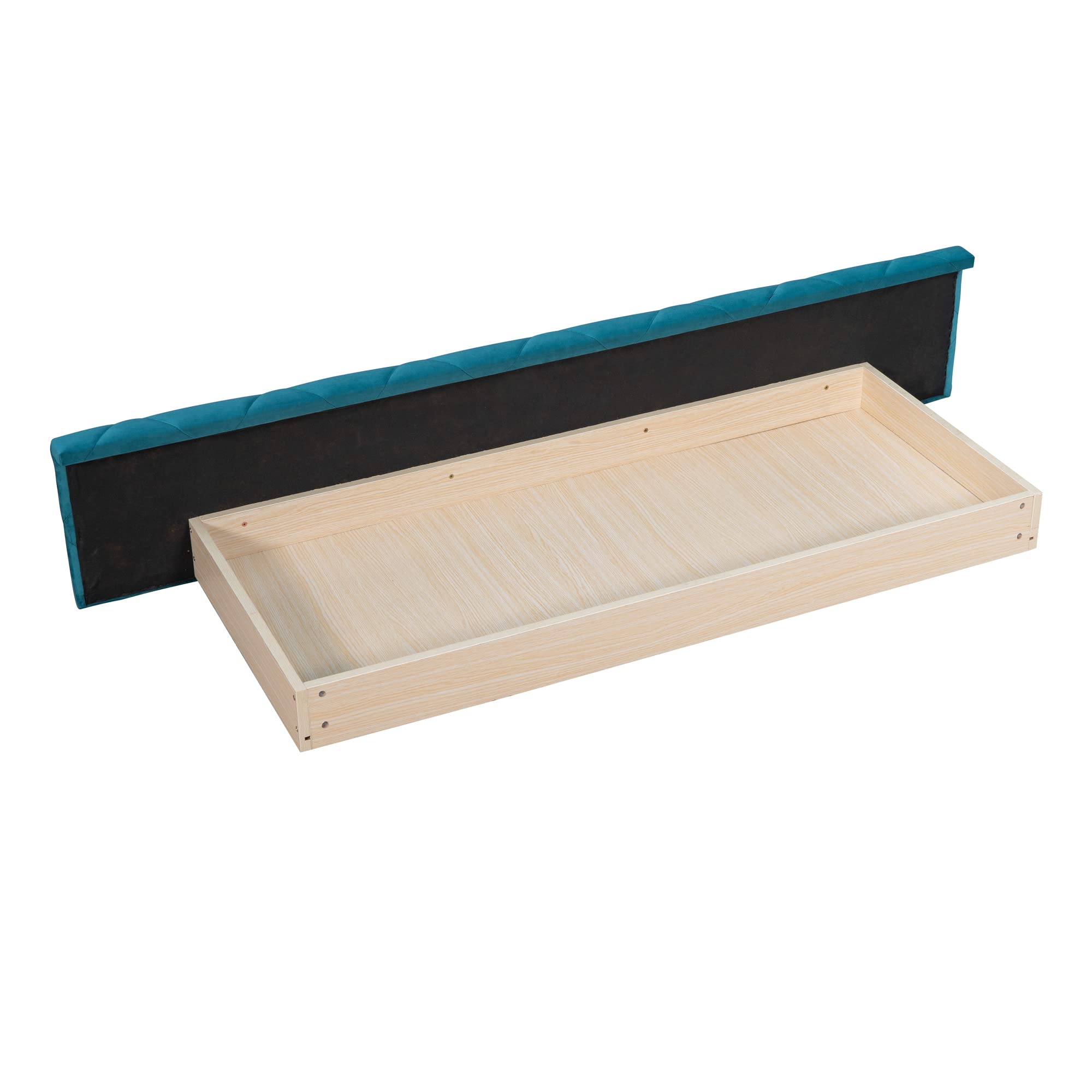 HomSof Upholstered Platform Bed Queen Size Storage Blue Velvet Bed with Wingback Headboard, 1 Big Drawer and 2 Side Storage Stool