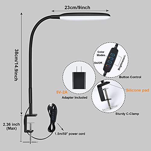 CELYST LED Desk Lamp with Clamp, 10W Flexible Gooseneck Swing Arm Clip Lamp with USB Plug, 3 Color Modes, 30 Brightness Levels, Eye-Caring Portable Desk Light for Home Office Reading Working (Black)