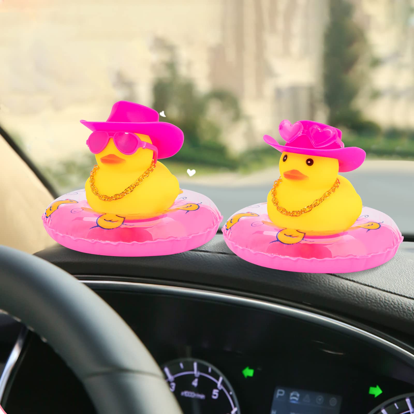 wonuu Car Rubber Duck Car Duck Decoration Dashboard Car Ornament for Car Dashboard Decoration Accessories with Mini Flower Hat Swim Ring Necklace and Sunglasses, I_red Heart Glasses&Pink Hat