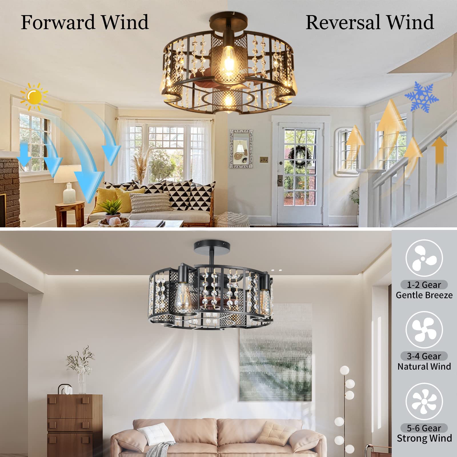 XuanDe Ceiling Fans with Lights and Remote, Vintage Caged Ceiling Fans Industrial Farmhouse Rustic Ceiling Fan Bladeless Enclosed Flush Mount for Hall, Living Room, Bedroom(Bulb x 6 Included)