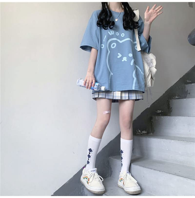 Tyadorw Women's Aesthetic Kawaii Bear Graphic Tee - Japanese Streetwear Harajuku Oversized T-Shirt (Blue, Medium)