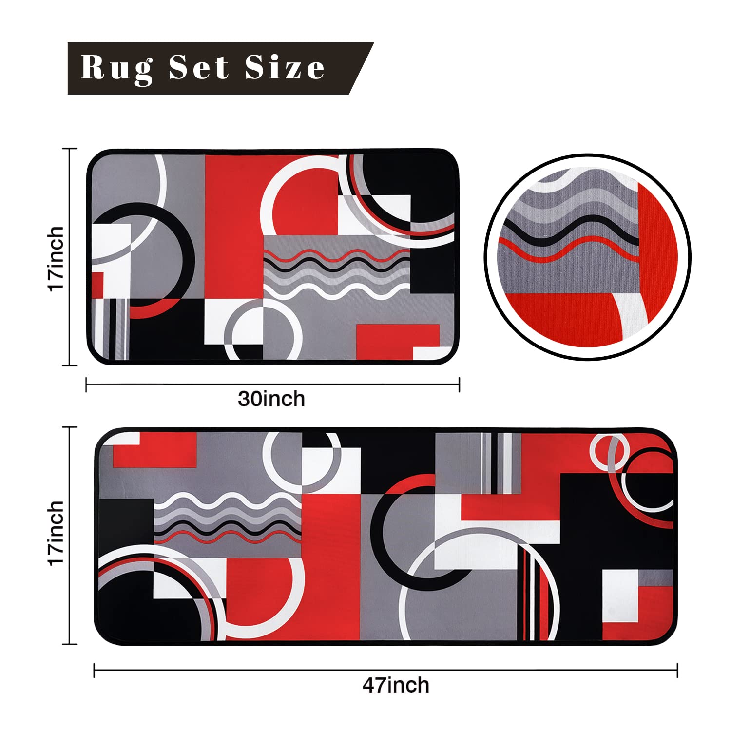 Red Black Grey White Kitchen Rug Set of 2, Modern Abstract Kitchen Floor Mat Rugs Carpet- Geometric Black White Red Kitchen Decor and Accessories Home Decoration- 17x30 and 17x47 Inch