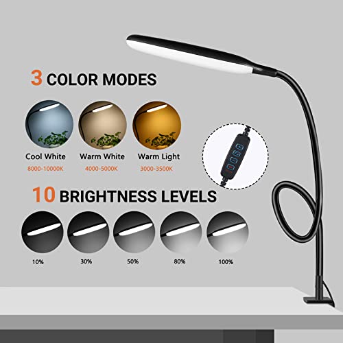 CELYST LED Desk Lamp with Clamp, 10W Flexible Gooseneck Swing Arm Clip Lamp with USB Plug, 3 Color Modes, 30 Brightness Levels, Eye-Caring Portable Desk Light for Home Office Reading Working (Black)