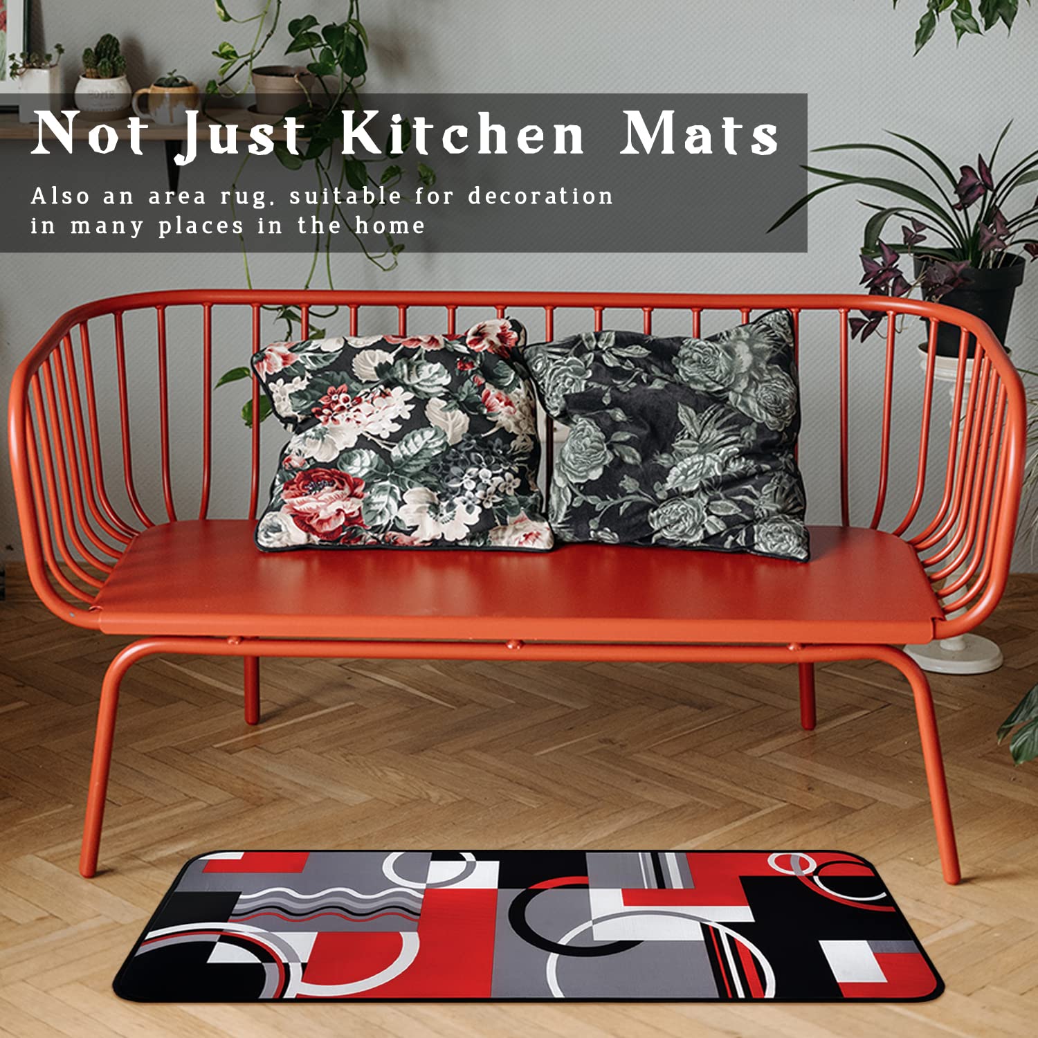 Red Black Grey White Kitchen Rug Set of 2, Modern Abstract Kitchen Floor Mat Rugs Carpet- Geometric Black White Red Kitchen Decor and Accessories Home Decoration- 17x30 and 17x47 Inch