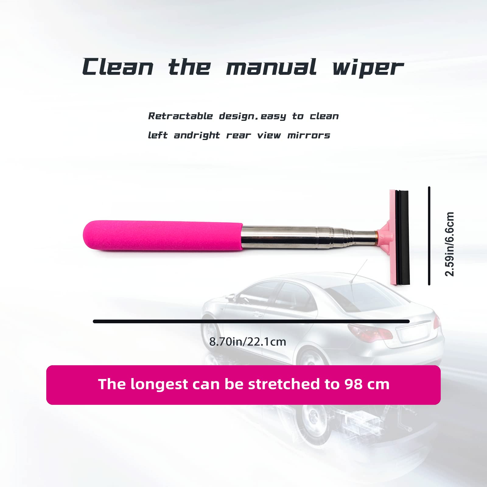 Car Mirror Wiper, Telescopic Auto Mirror Squeegee Cleaner, 97cm Long Handle Car Cleaning Tool Portable Cleaning Tool for All Car/SUV/Truck,Universal Car Accessories(pink)