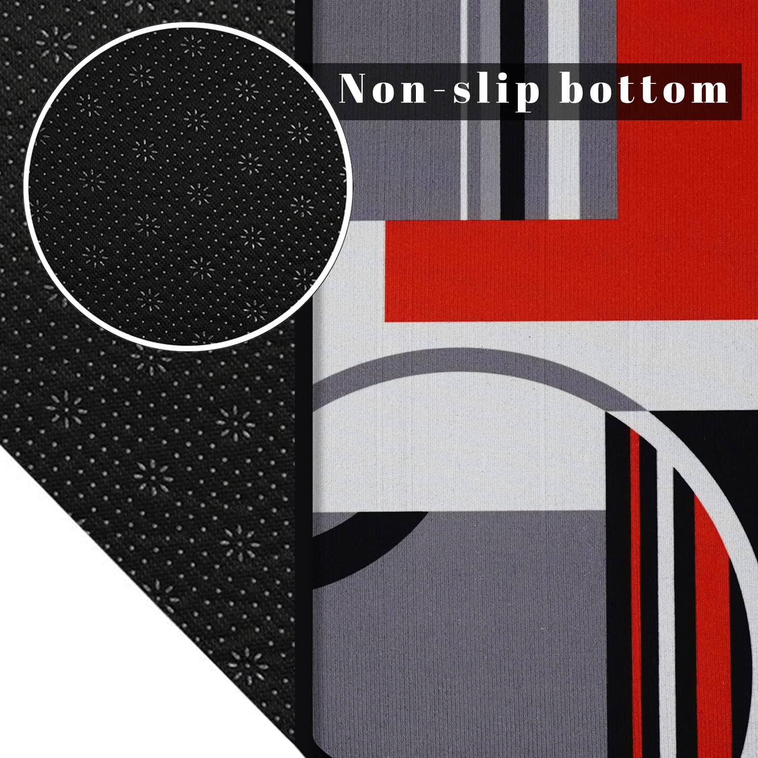 Red Black Grey White Kitchen Rug Set of 2, Modern Abstract Kitchen Floor Mat Rugs Carpet- Geometric Black White Red Kitchen Decor and Accessories Home Decoration- 17x30 and 17x47 Inch