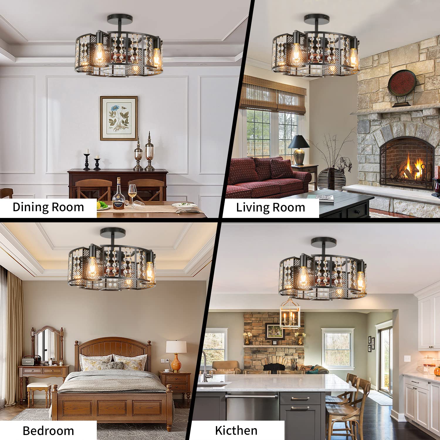 XuanDe Ceiling Fans with Lights and Remote, Vintage Caged Ceiling Fans Industrial Farmhouse Rustic Ceiling Fan Bladeless Enclosed Flush Mount for Hall, Living Room, Bedroom(Bulb x 6 Included)