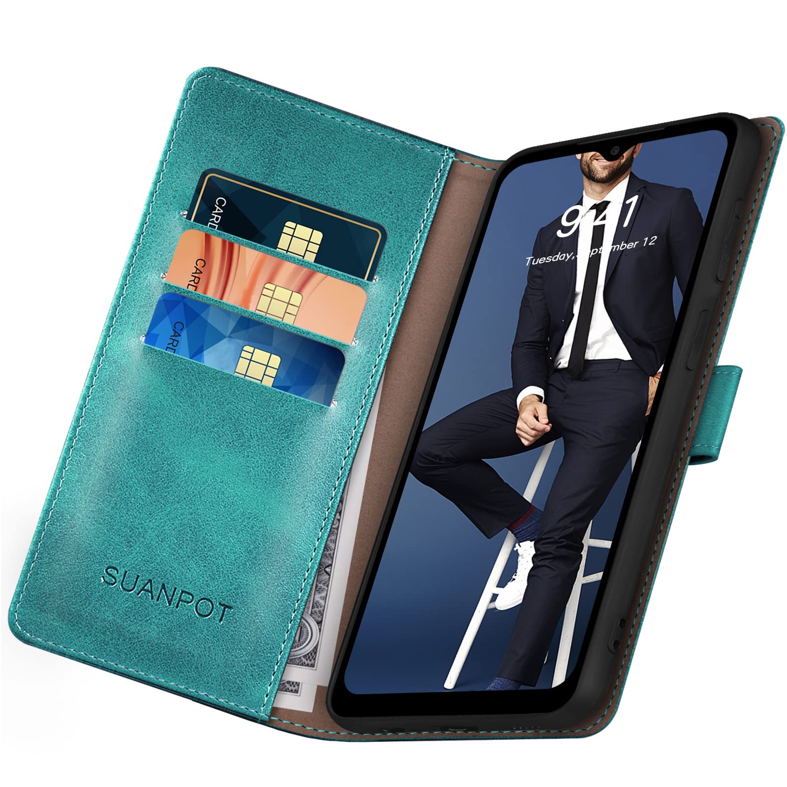 SUANPOT for Samsung Galaxy A14 5G Wallet case with RFID Blocking Credit Card Holder,Flip Book PU Leather Protective Cover Women Men for Samsung A14 Phone case (Blue Green)
