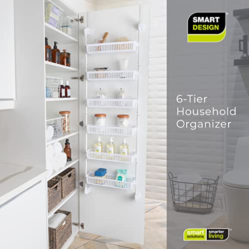 Smart Design Over The Door Organizer for Storage – Perfect for Pantry, Bedroom, Bathroom, Playroom, Kitchen - Maximum Storage with 6 Baskets - Adjustable Steel Frame & Wall Mount – White