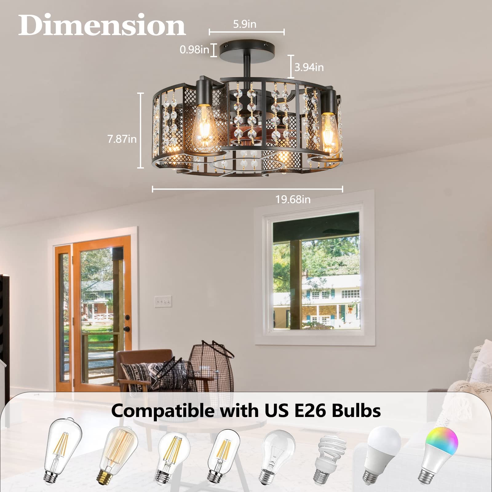 XuanDe Ceiling Fans with Lights and Remote, Vintage Caged Ceiling Fans Industrial Farmhouse Rustic Ceiling Fan Bladeless Enclosed Flush Mount for Hall, Living Room, Bedroom(Bulb x 6 Included)