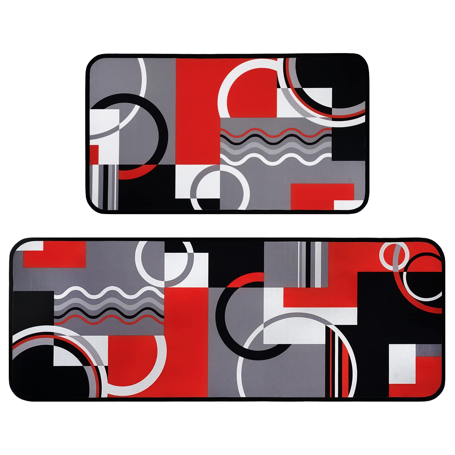 Red Black Grey White Kitchen Rug Set of 2, Modern Abstract Kitchen Floor Mat Rugs Carpet- Geometric Black White Red Kitchen Decor and Accessories Home Decoration- 17x30 and 17x47 Inch