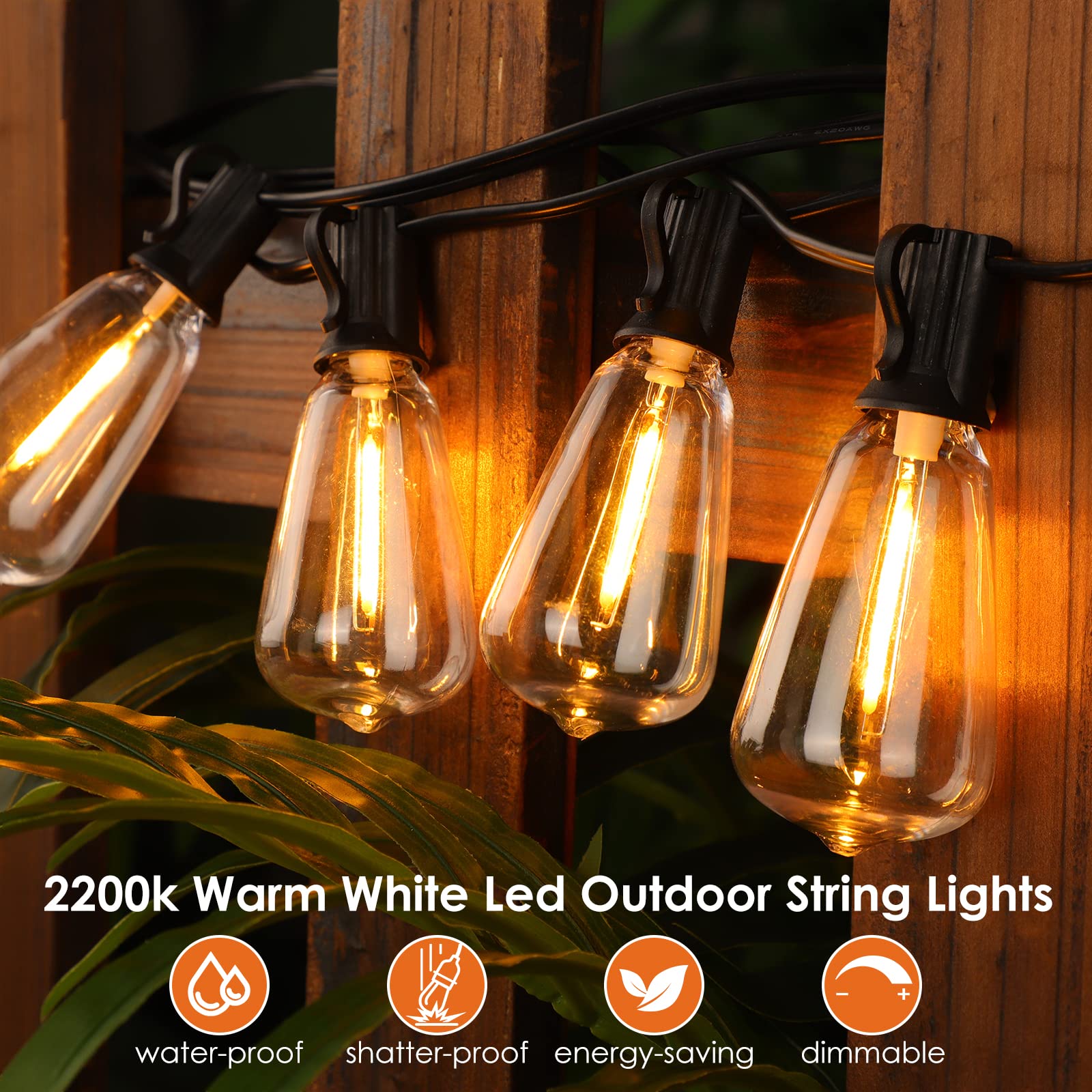 WENFENG Outdoor String Lights, 50FT 2200K LED Patio Lights with ST38 Waterproof Bulbs, Retro Connectable String Lights for Patio Backyard Balcony