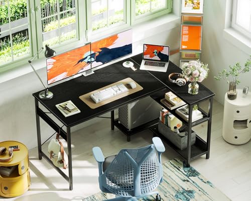 ODK Small L Shaped Computer Desk, 48 Inch Corner Desk with Reversible Storage Shelves & Iron Hook, Modern Simple Writing Study Table, Black