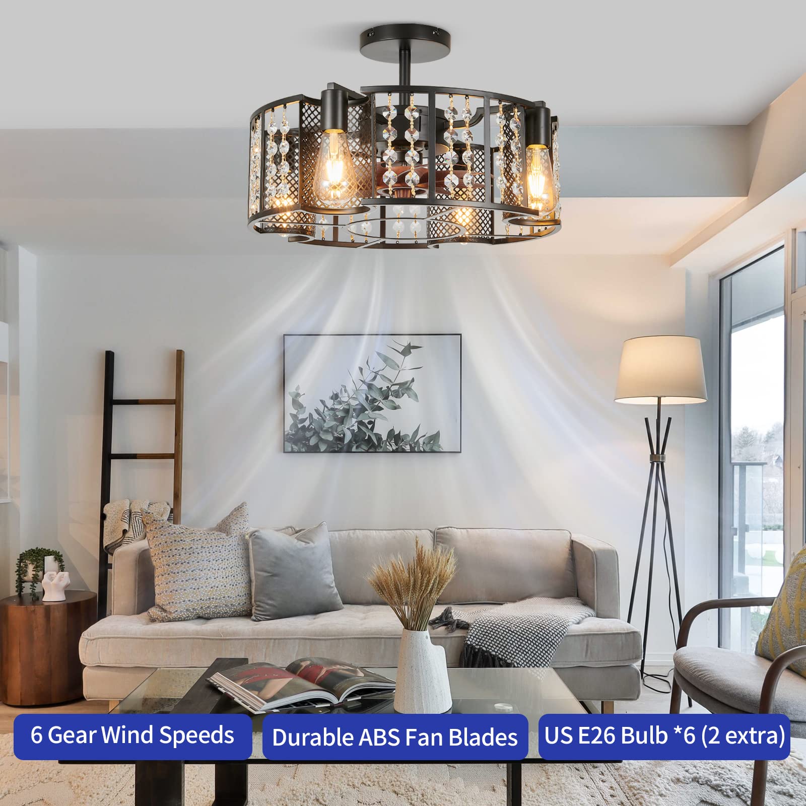 XuanDe Ceiling Fans with Lights and Remote, Vintage Caged Ceiling Fans Industrial Farmhouse Rustic Ceiling Fan Bladeless Enclosed Flush Mount for Hall, Living Room, Bedroom(Bulb x 6 Included)