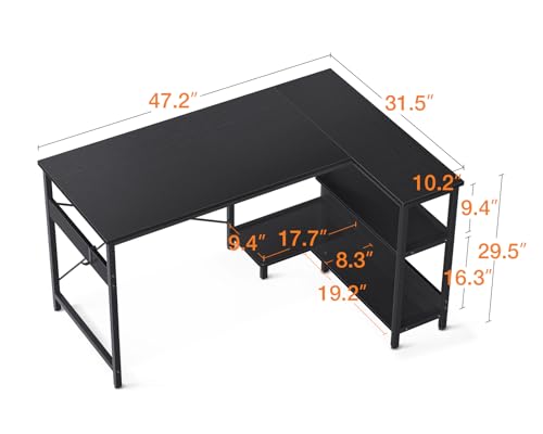 ODK Small L Shaped Computer Desk, 48 Inch Corner Desk with Reversible Storage Shelves & Iron Hook, Modern Simple Writing Study Table, Black
