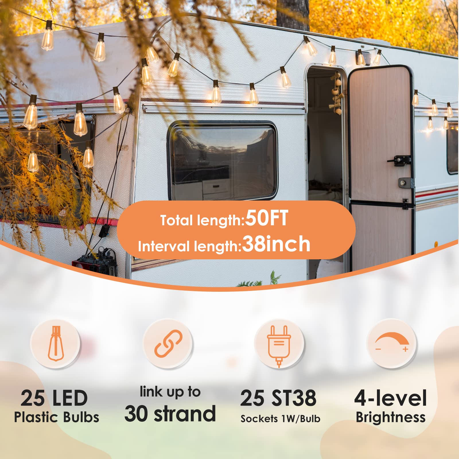WENFENG Outdoor String Lights, 50FT 2200K LED Patio Lights with ST38 Waterproof Bulbs, Retro Connectable String Lights for Patio Backyard Balcony