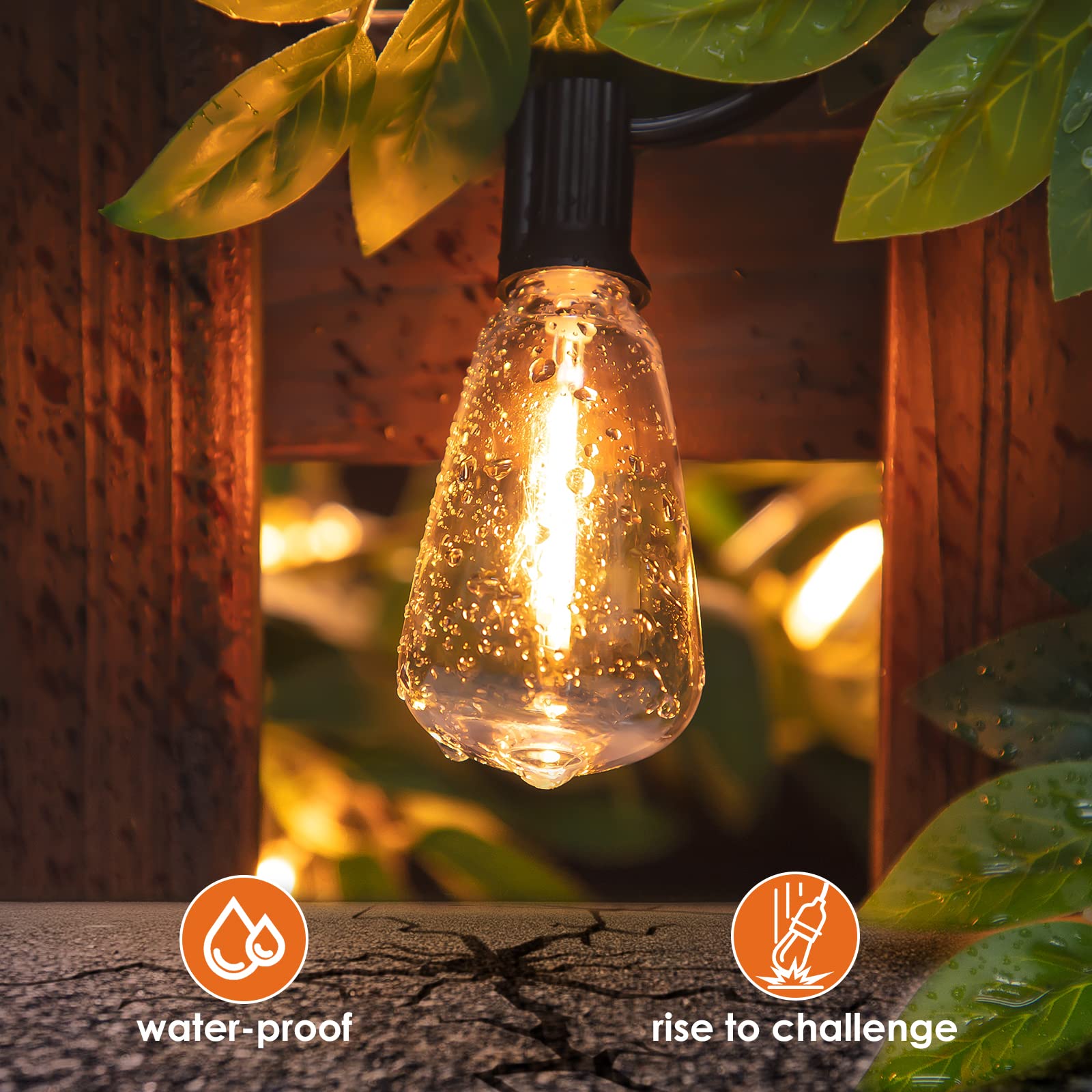 WENFENG Outdoor String Lights, 50FT 2200K LED Patio Lights with ST38 Waterproof Bulbs, Retro Connectable String Lights for Patio Backyard Balcony