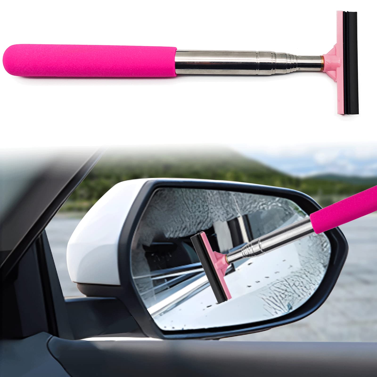 Car Mirror Wiper, Telescopic Auto Mirror Squeegee Cleaner, 97cm Long Handle Car Cleaning Tool Portable Cleaning Tool for All Car/SUV/Truck,Universal Car Accessories(pink)