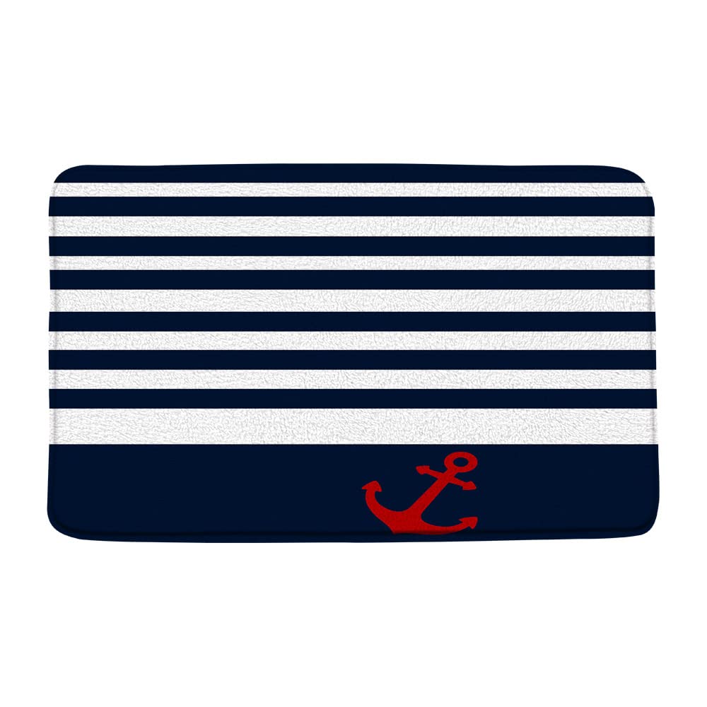 ZSSEZS Nautical Anchor Bath Mat Red Anchors Navy Blue White Stripe Tropical Ocean Sea Creative Navigation Art Microfiber Memory Foam Absorbent Rug Floor Mats Bathroom Decor,Navy Blue White
