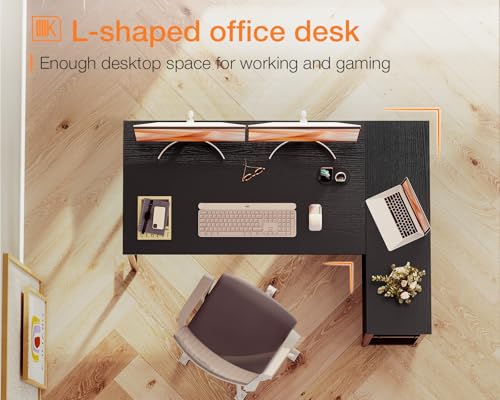 ODK Small L Shaped Computer Desk, 48 Inch Corner Desk with Reversible Storage Shelves & Iron Hook, Modern Simple Writing Study Table, Black