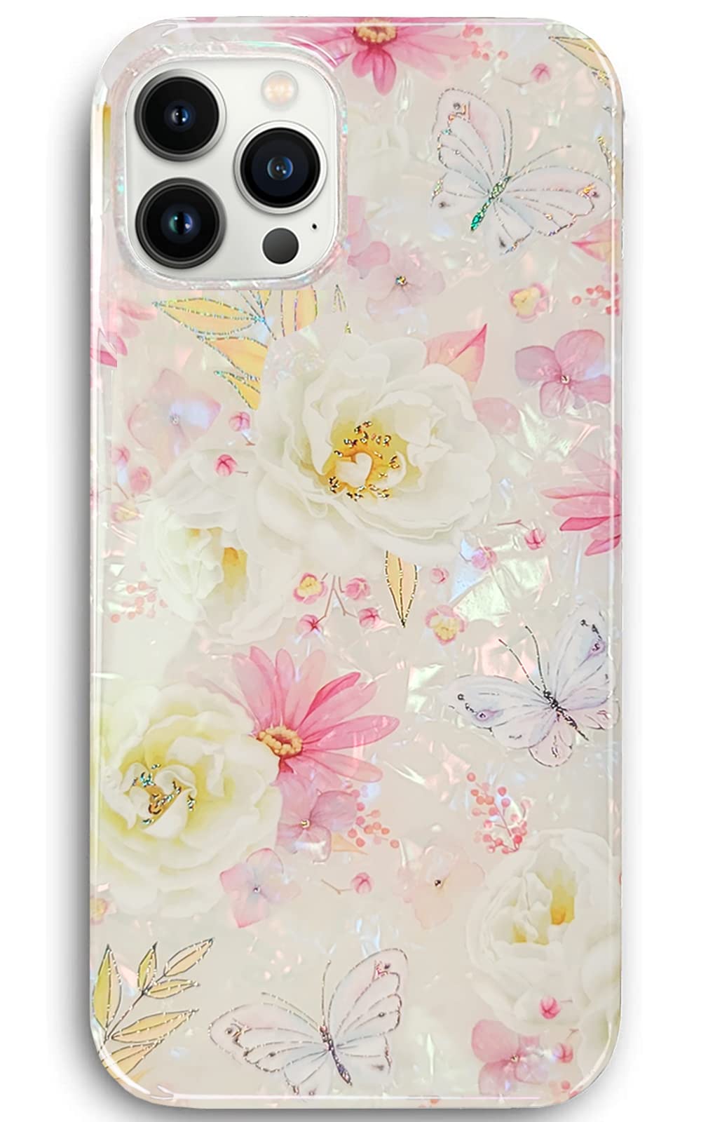 J.west iPhone 13 Pro Max Case 6.7 inch,Luxury Sparkle Glitter Soft Clear Colorful Opal Pearly Thinfoil Design Shiny Floral Print Silicone Cover for Women Girls Slim TPU Protective Phone Case