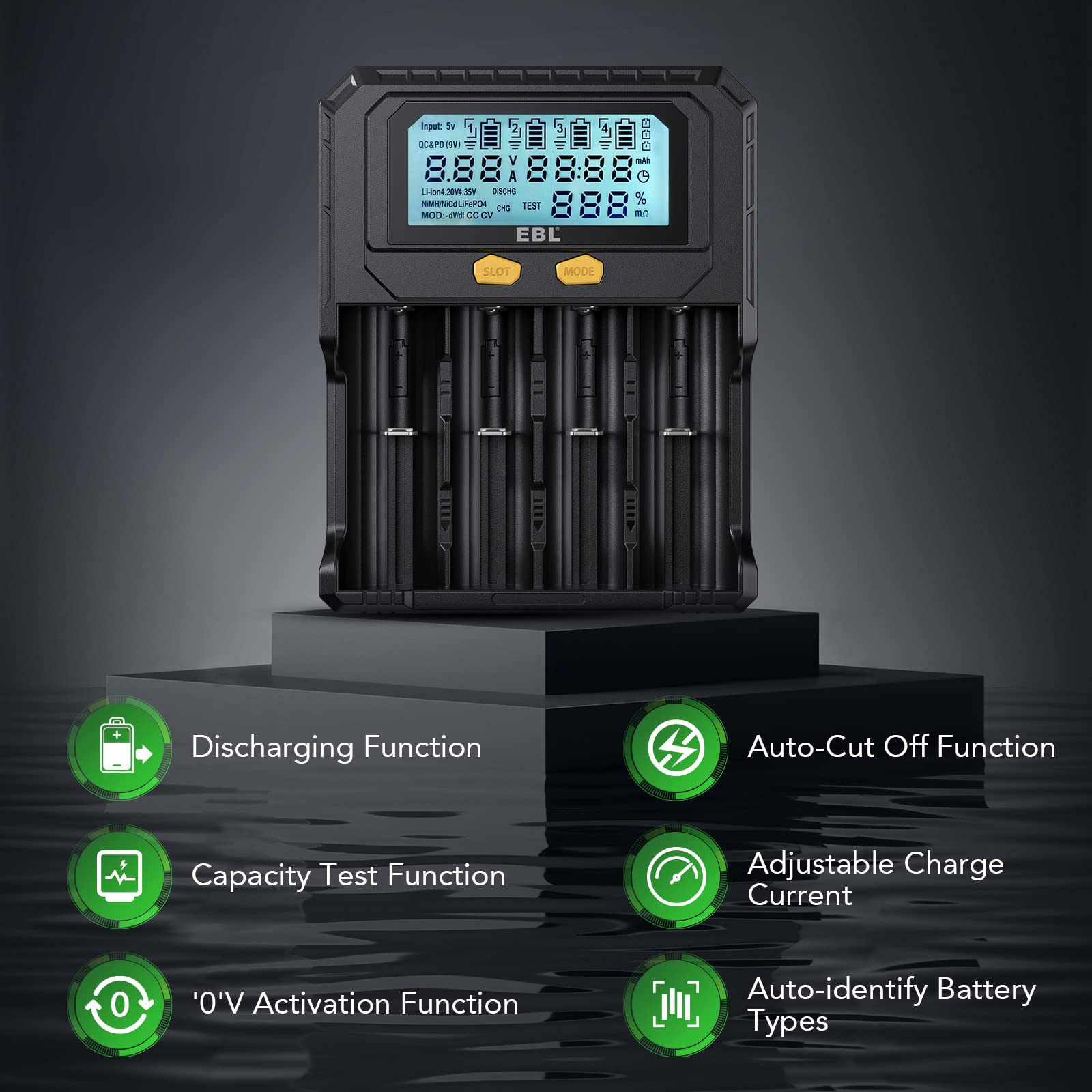 EBL 18650 Battery Charger with Discharge & Testing Functions, Lithium Battery Charger for 3.6V/3.7V/3.85V Li-ion/IMR/INR/ICR/3.2VLiFePO4, 1.2V Ni-MH/Ni-CD Rechargeable Batteries