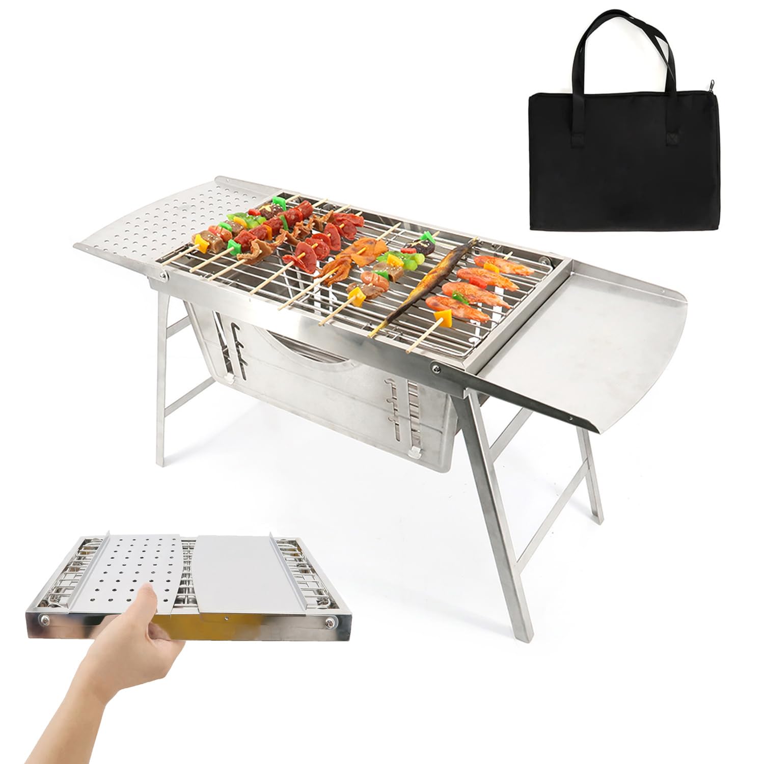 nbe Camping Charcoal Grill Portable BBQ Grill Stainless Steel Wood Burning Grill with Carrying Bag | Folding Small Grills For Outdoor Barbecues Traveling Picnics Garden/Beach Party (85*30.4*40.5CM)