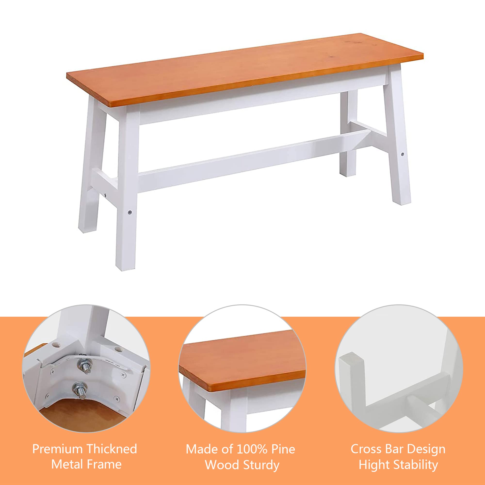 Alohappy Dining Table Set for 4, Solid Wood Kitchen Table with 2 Chairs and Bench, 4-Person Space-Saving Dinette Table for Kitchen, Dining Room, Sturdy Structure Easy Assembly Orange + White