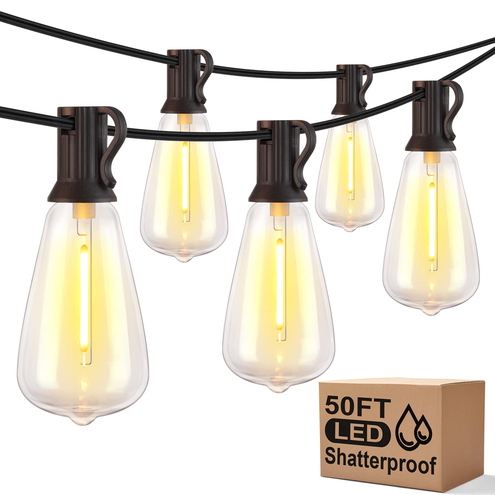 WENFENG Outdoor String Lights, 50FT 2200K LED Patio Lights with ST38 Waterproof Bulbs, Retro Connectable String Lights for Patio Backyard Balcony