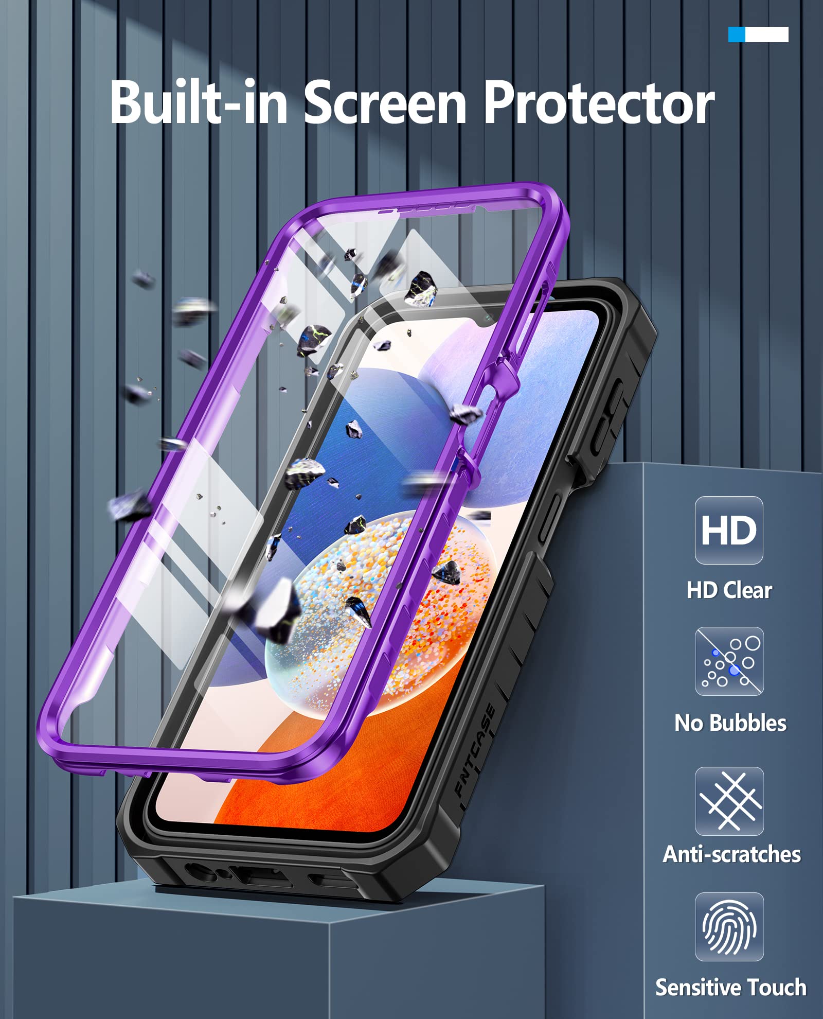 FNTCASE for Samsung Galaxy A14-5G Case: Dual-Layer Protective Textured Shockproof Rugged TPU Cover with Kickstand | Military Grade Drop Protection | Heavy Duty Cell Phone Protector - Purple