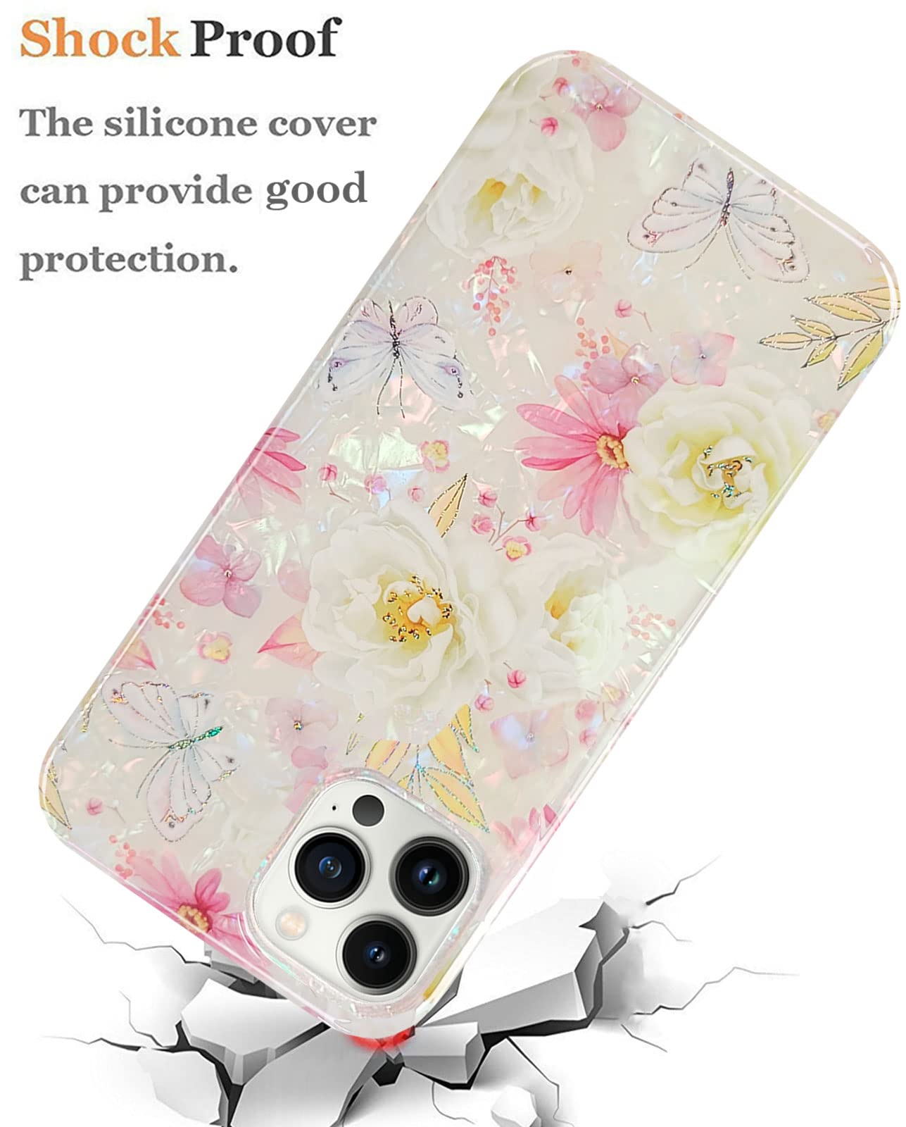 J.west iPhone 13 Pro Max Case 6.7 inch,Luxury Sparkle Glitter Soft Clear Colorful Opal Pearly Thinfoil Design Shiny Floral Print Silicone Cover for Women Girls Slim TPU Protective Phone Case