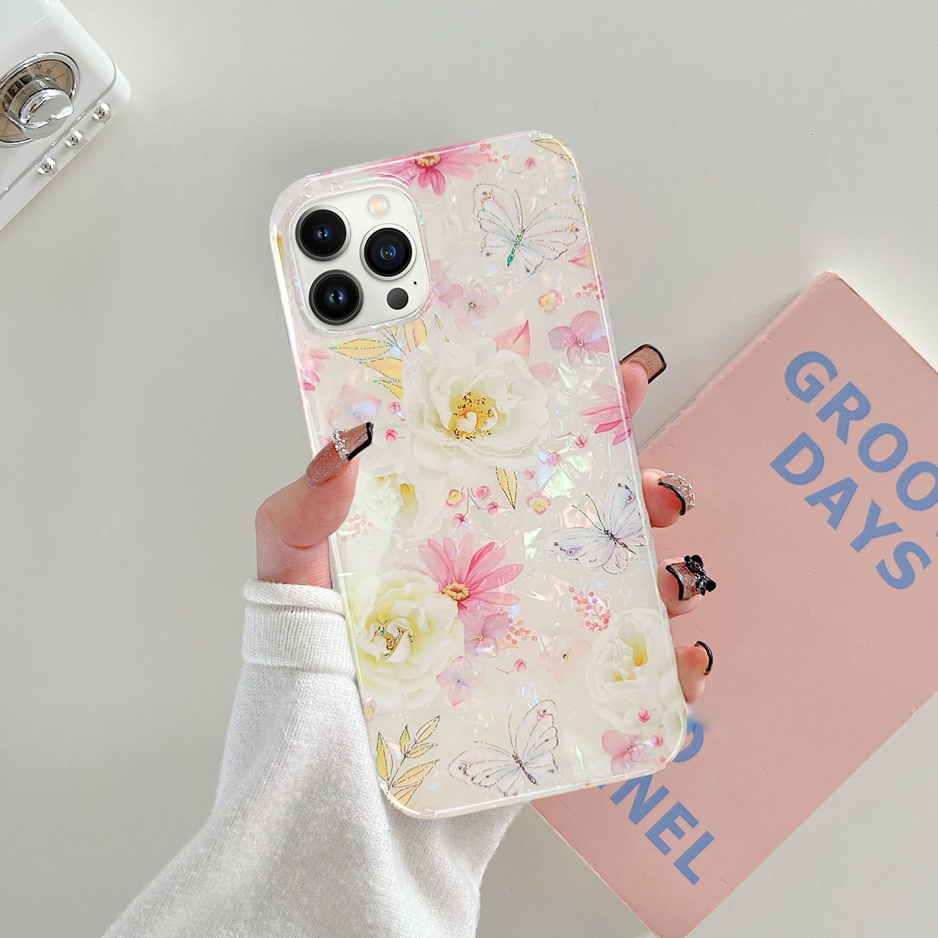 J.west iPhone 13 Pro Max Case 6.7 inch,Luxury Sparkle Glitter Soft Clear Colorful Opal Pearly Thinfoil Design Shiny Floral Print Silicone Cover for Women Girls Slim TPU Protective Phone Case