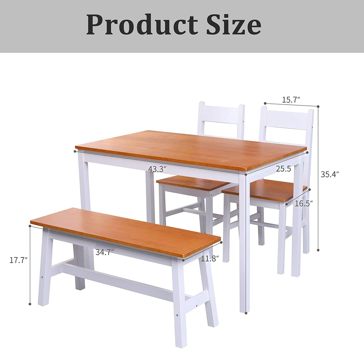 Alohappy Dining Table Set for 4, Solid Wood Kitchen Table with 2 Chairs and Bench, 4-Person Space-Saving Dinette Table for Kitchen, Dining Room, Sturdy Structure Easy Assembly Orange + White