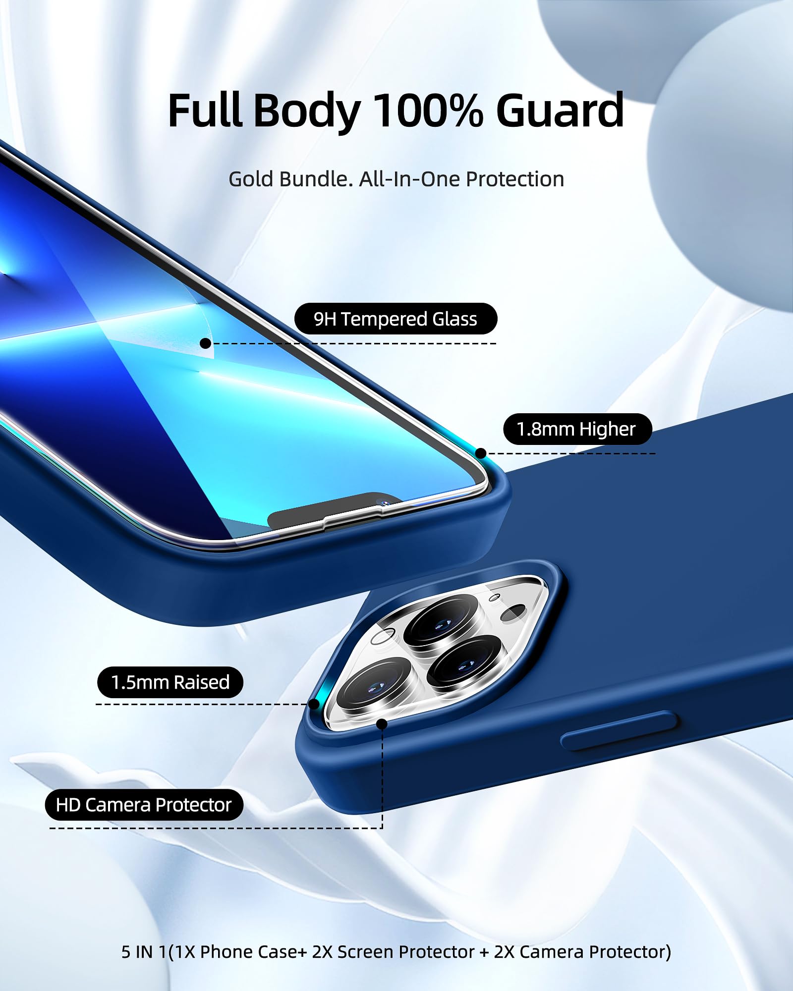 JTWIE [5 in 1 for iPhone 13 Pro Max Case, with Screen Protector and Camera Lens Protector, [Microfiber Lining] Slim Silicone Protective Phone Case(Navy Blue)…