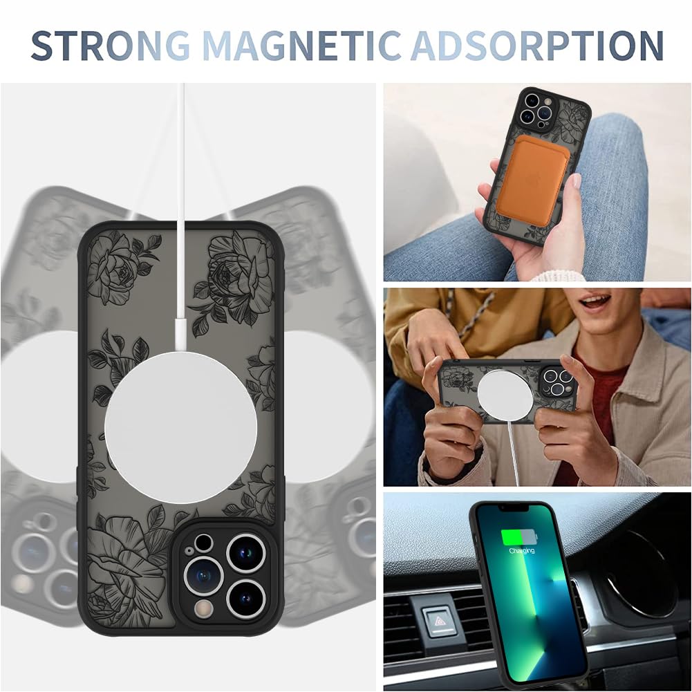 AIGOMARA Case for iPhone 13 Pro Max [Compatible with MagSafe] Black Flower Floral Pattern Design Case for Women Girls Soft TPU Bumper Hard PC Back Anti-Fall Shockproof Protective Magnetic Cover
