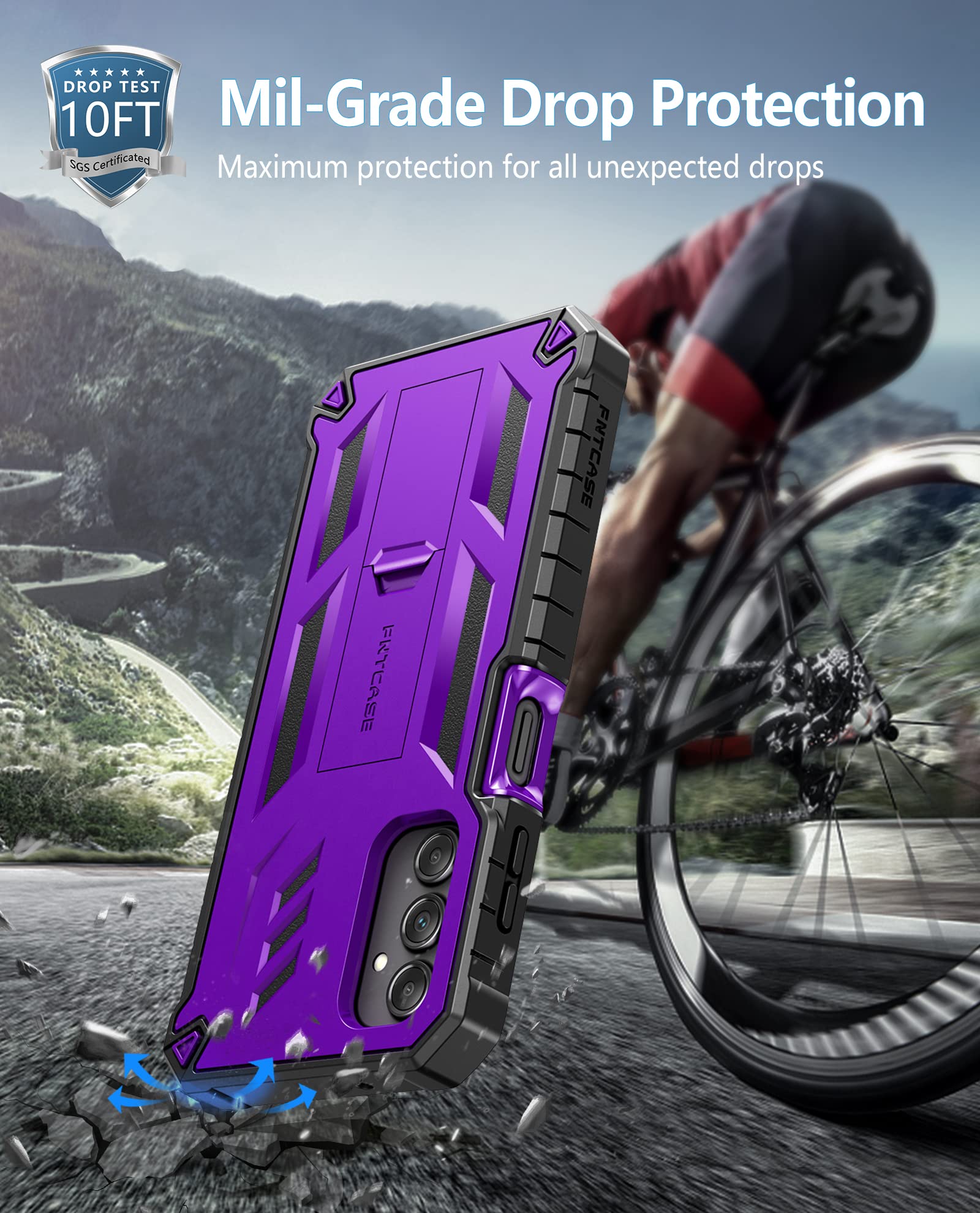 FNTCASE for Samsung Galaxy A14-5G Case: Dual-Layer Protective Textured Shockproof Rugged TPU Cover with Kickstand | Military Grade Drop Protection | Heavy Duty Cell Phone Protector - Purple