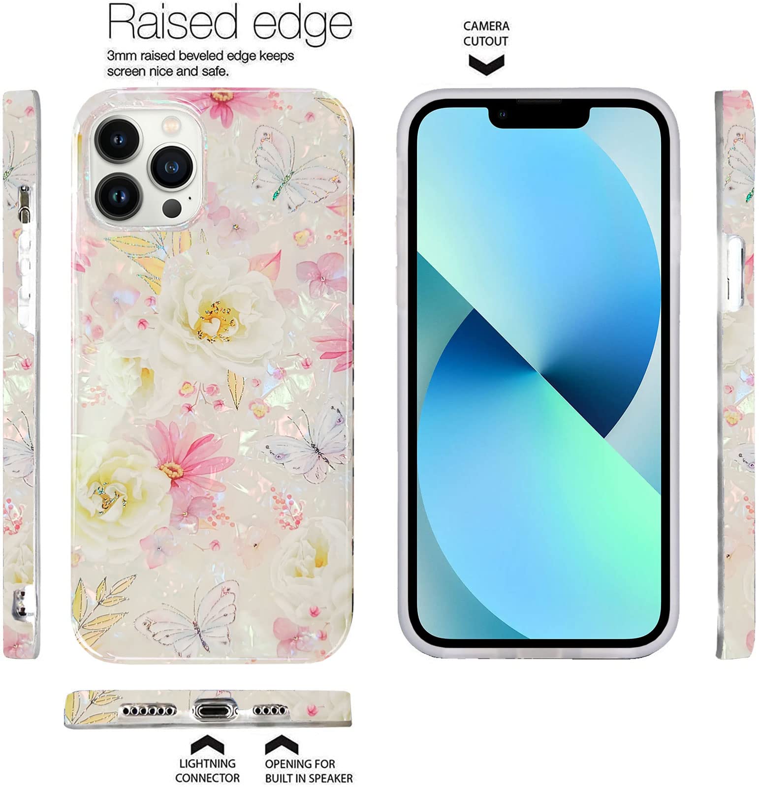 J.west iPhone 13 Pro Max Case 6.7 inch,Luxury Sparkle Glitter Soft Clear Colorful Opal Pearly Thinfoil Design Shiny Floral Print Silicone Cover for Women Girls Slim TPU Protective Phone Case