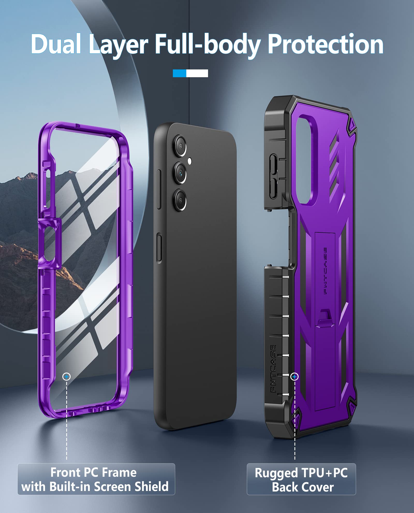 FNTCASE for Samsung Galaxy A14-5G Case: Dual-Layer Protective Textured Shockproof Rugged TPU Cover with Kickstand | Military Grade Drop Protection | Heavy Duty Cell Phone Protector - Purple